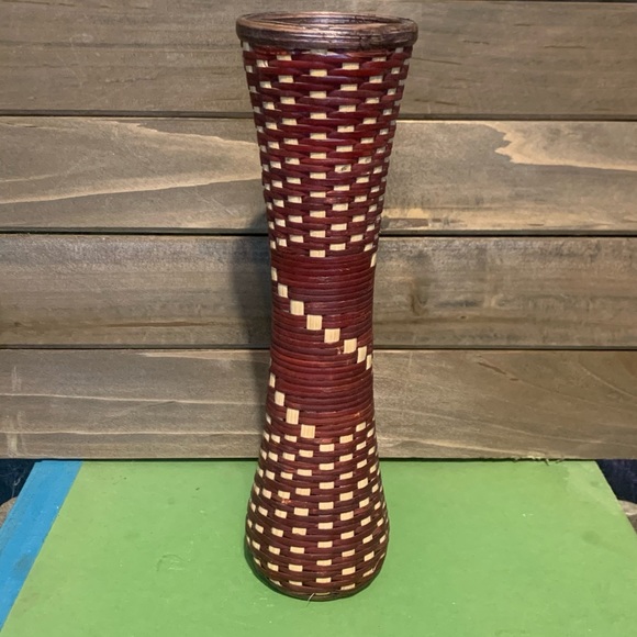 Accents | Vintage Boho Wicker Covered Glass Vase Wooden Bottom 85 ...